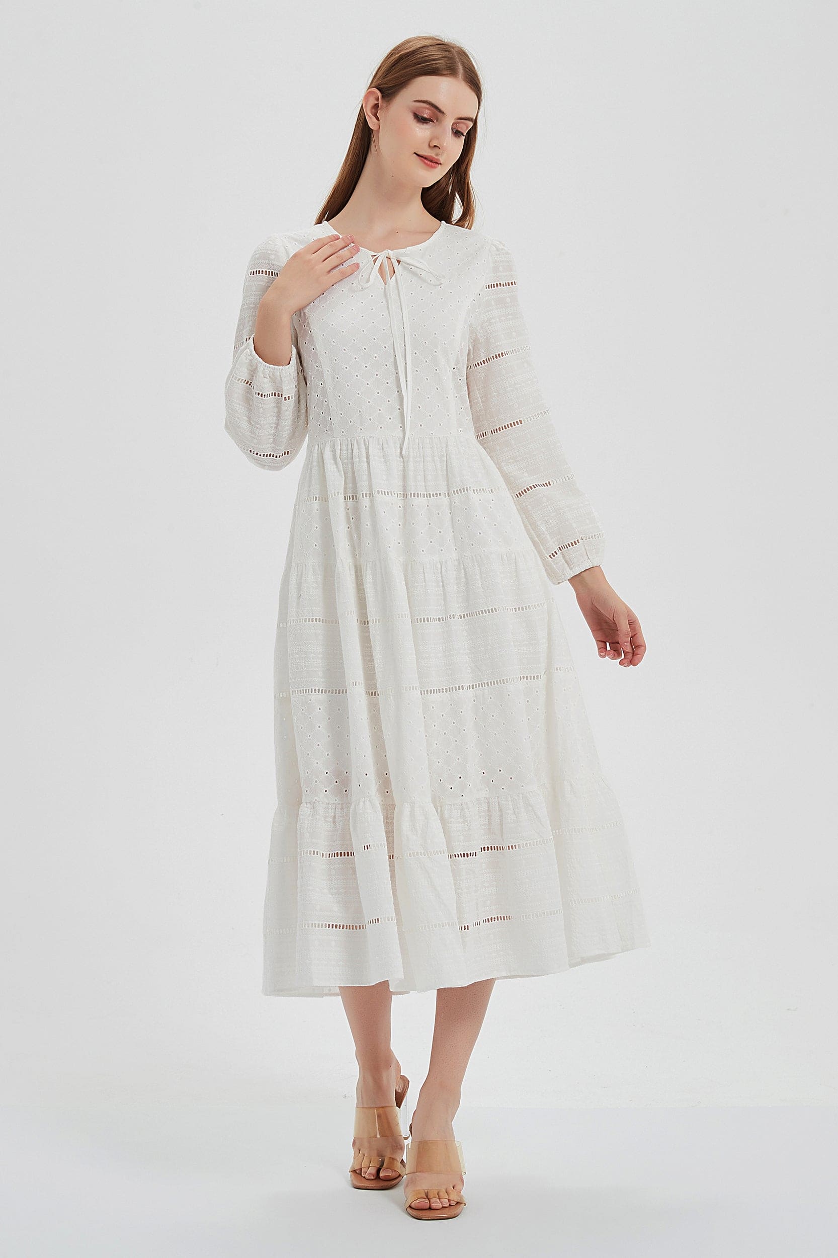 SKYE | Matilda Cotton Eyelet Embroidered Tiered Midi Dress | Elegant ...
